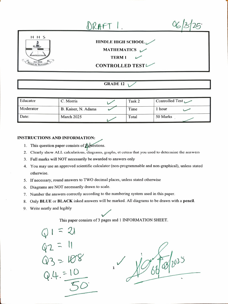 Gr12B Term 1 C.Test DRAFT | PDF | Mathematics | Mathematical Analysis