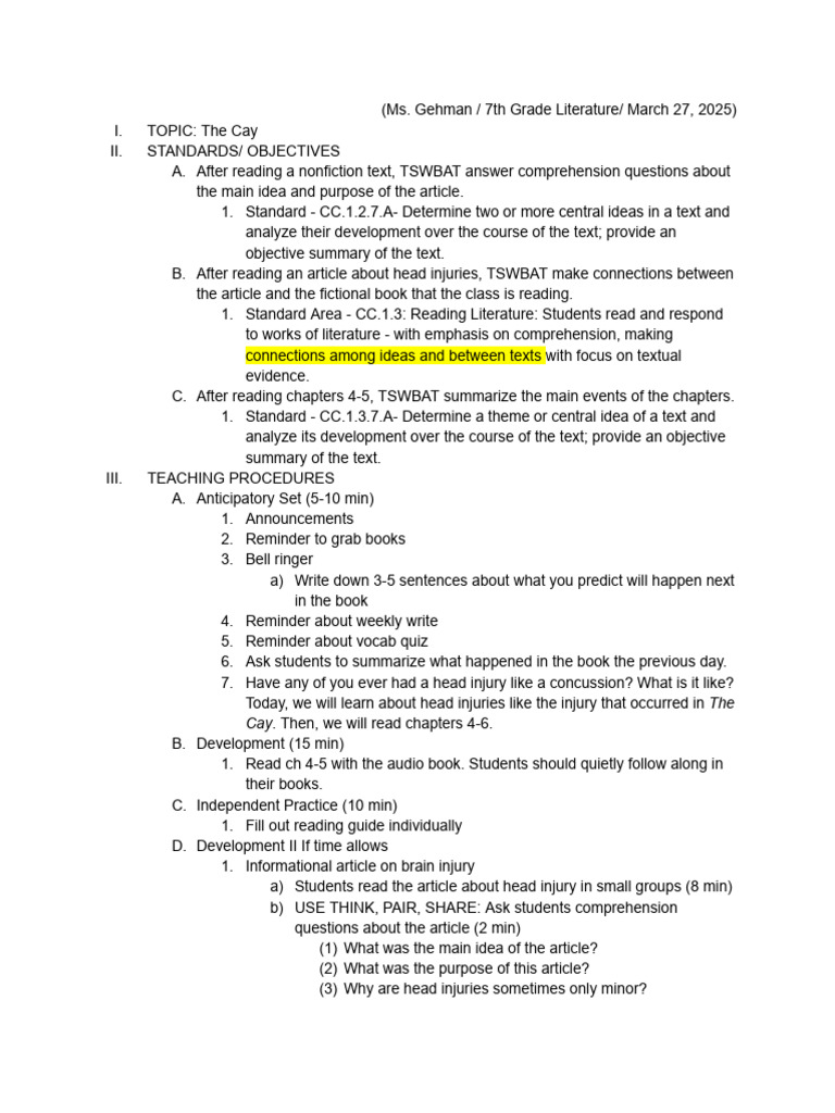 The Cay Chapter 4-6 Lesson Plan | PDF | Learning | Cognition
