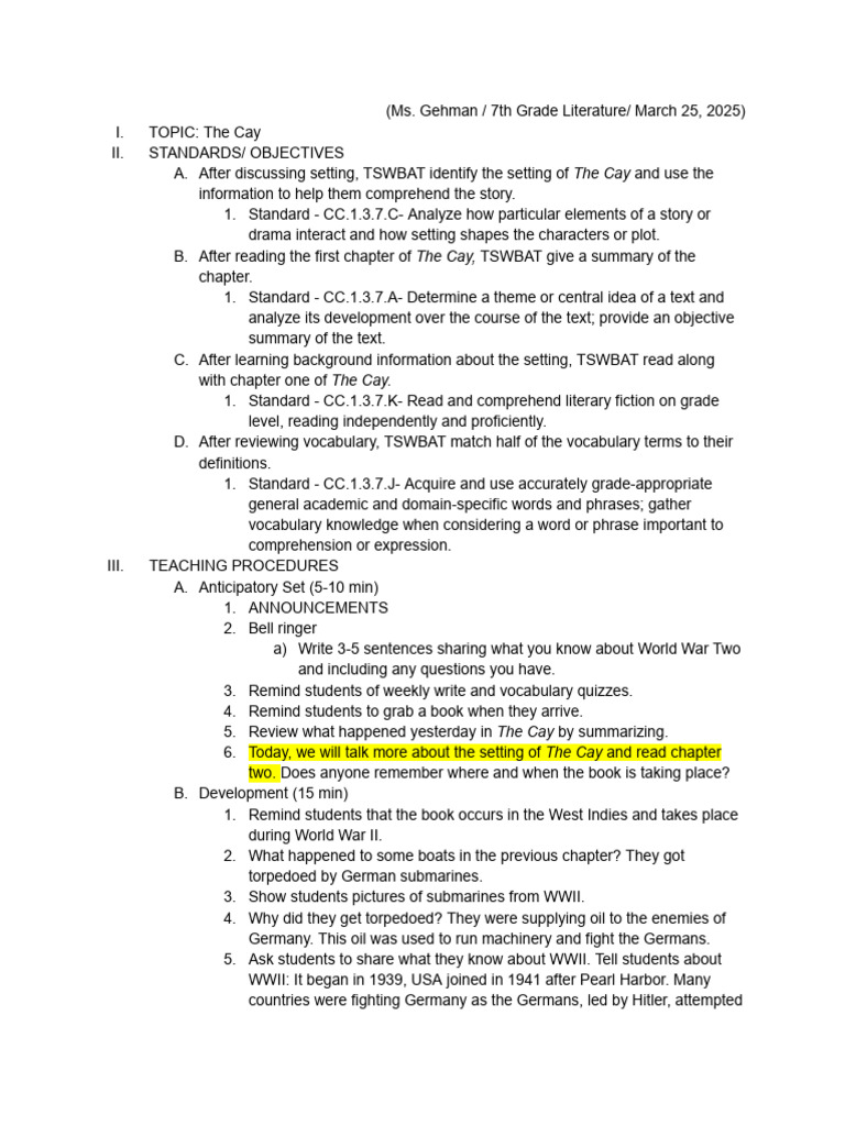 Exploring The Cay: Setting and Chapter 2 | PDF | Reading Comprehension ...