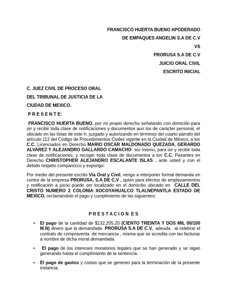 Escrito Inicial de Demanda Juicio Oral Civil | PDF | Demanda judicial ...