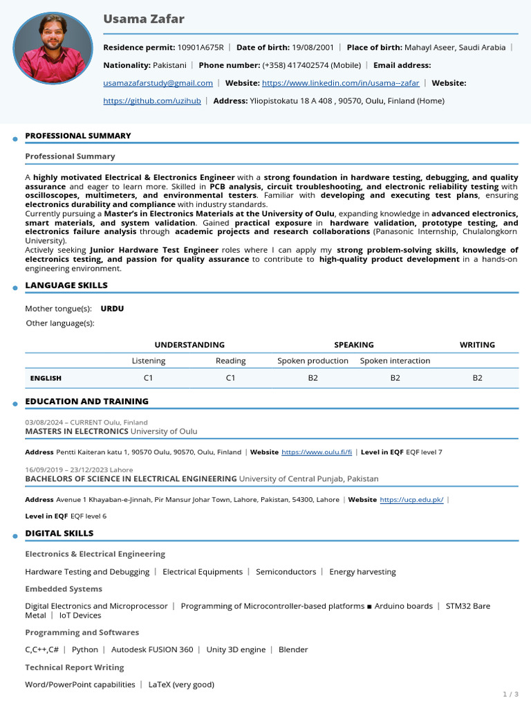 Usama Zafar CV Junior Hardware Test Engineer | PDF | Engineering ...