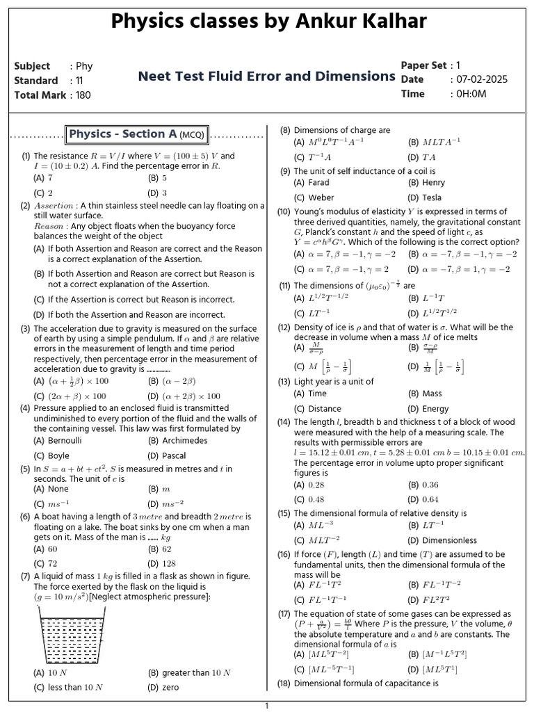 Physics Class Test by Ankur Kalhar | PDF | Buoyancy | Pressure