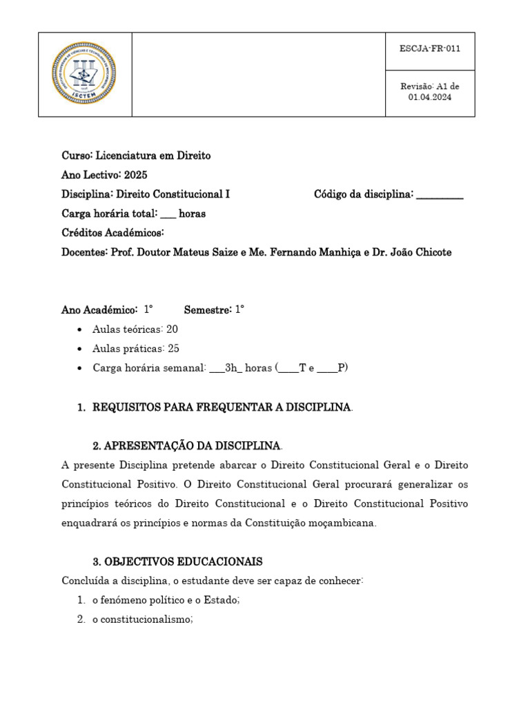 Plano Analitico ISCTEM 2025 FINAL | PDF | Constituição | Lei Constitucional