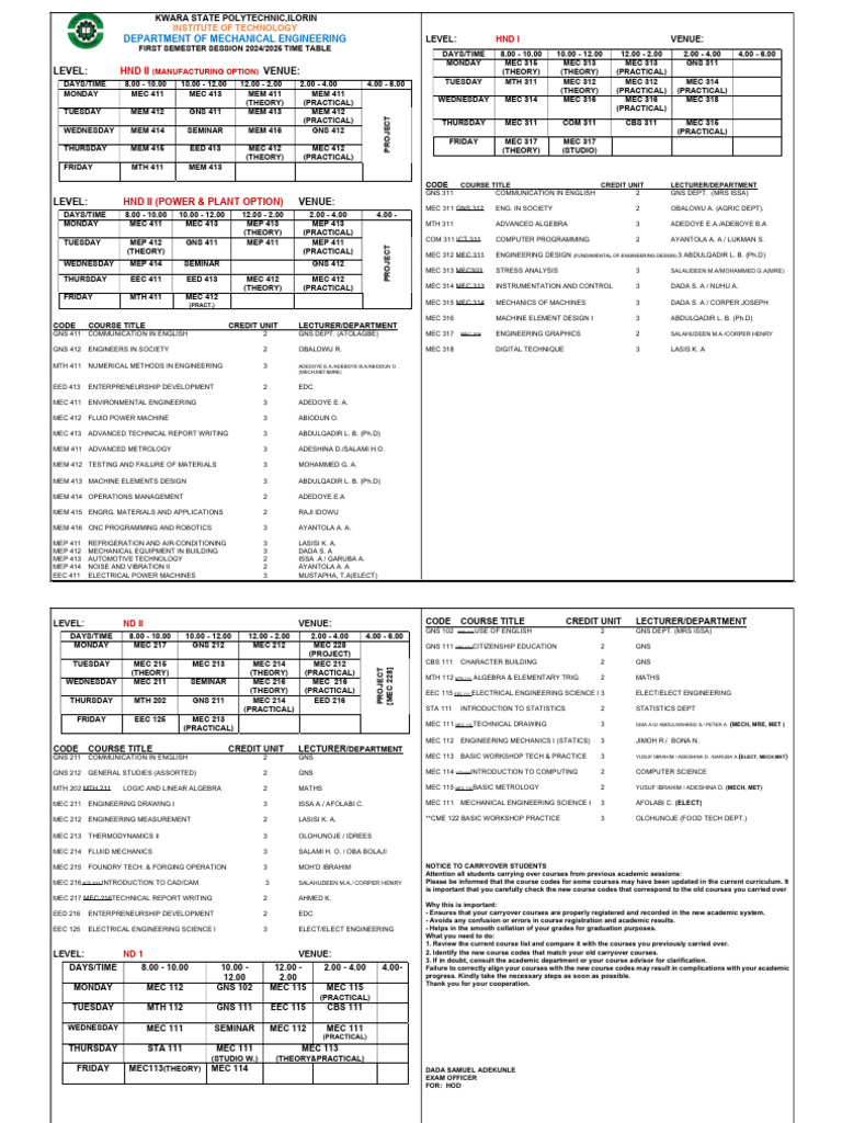 Updated Final Mech First Semester Timetable 2024 2025 Pdf