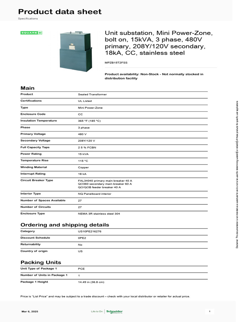 Schneider Electric - Mini-PowerZone-LV-Substation - MPZB15T2FSS | PDF | Transformer | Electricity