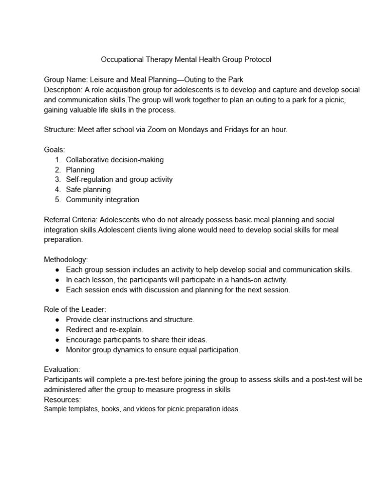 Occupational Therapy Mental Health Group Protocol | PDF