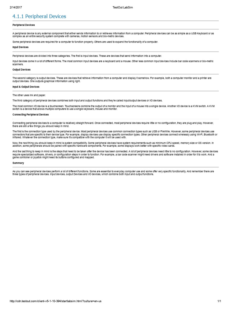 TestOut LabSim Peripheral Devices | PDF | Input/Output | Office Equipment