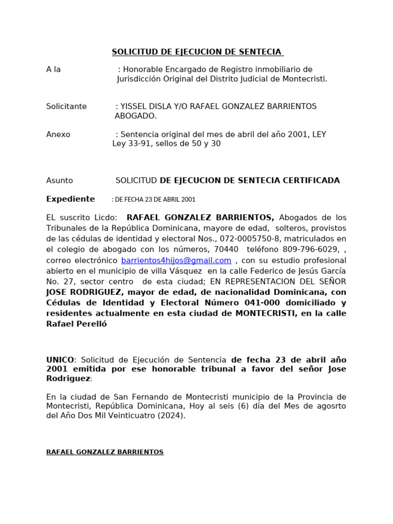 SOLICITUD DE Ejecucion de SENTECIA Ante La Jurisdicion Inmobiliaria de ...