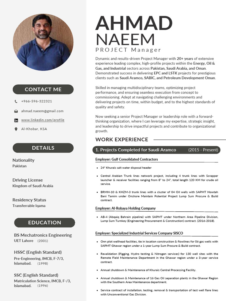 Ahmad Naeem (CV), Project - Manager | PDF | Saudi Arabia