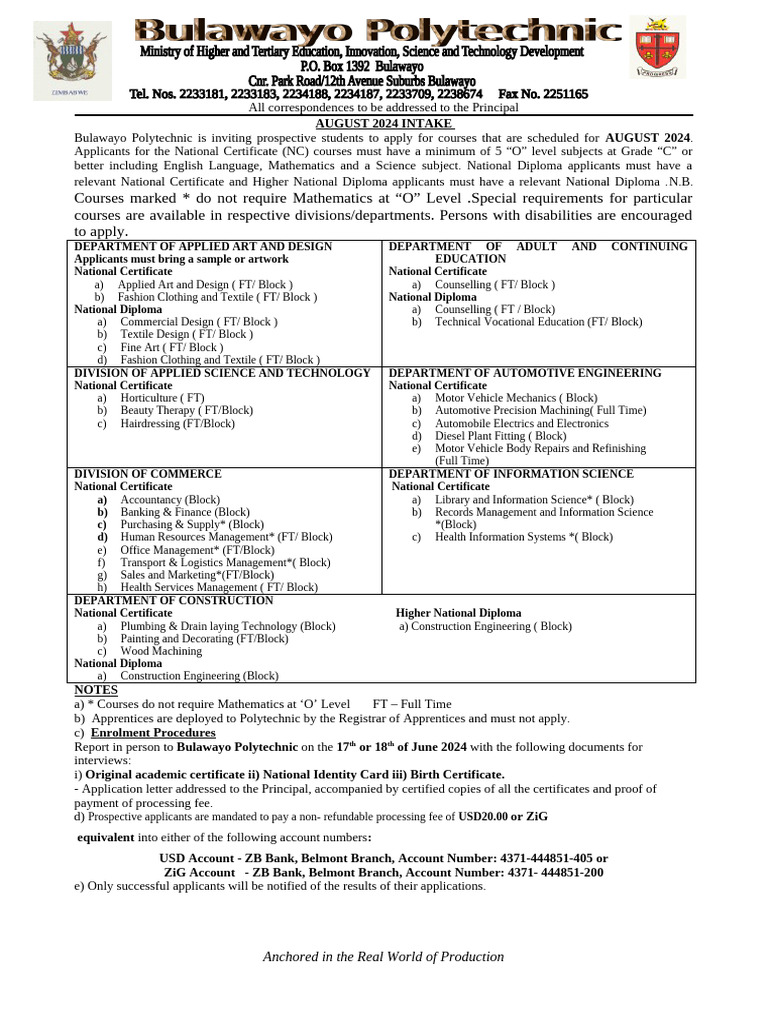 Bulawayo Polytechnic Advert For August 2024 FINAL | PDF | Diploma