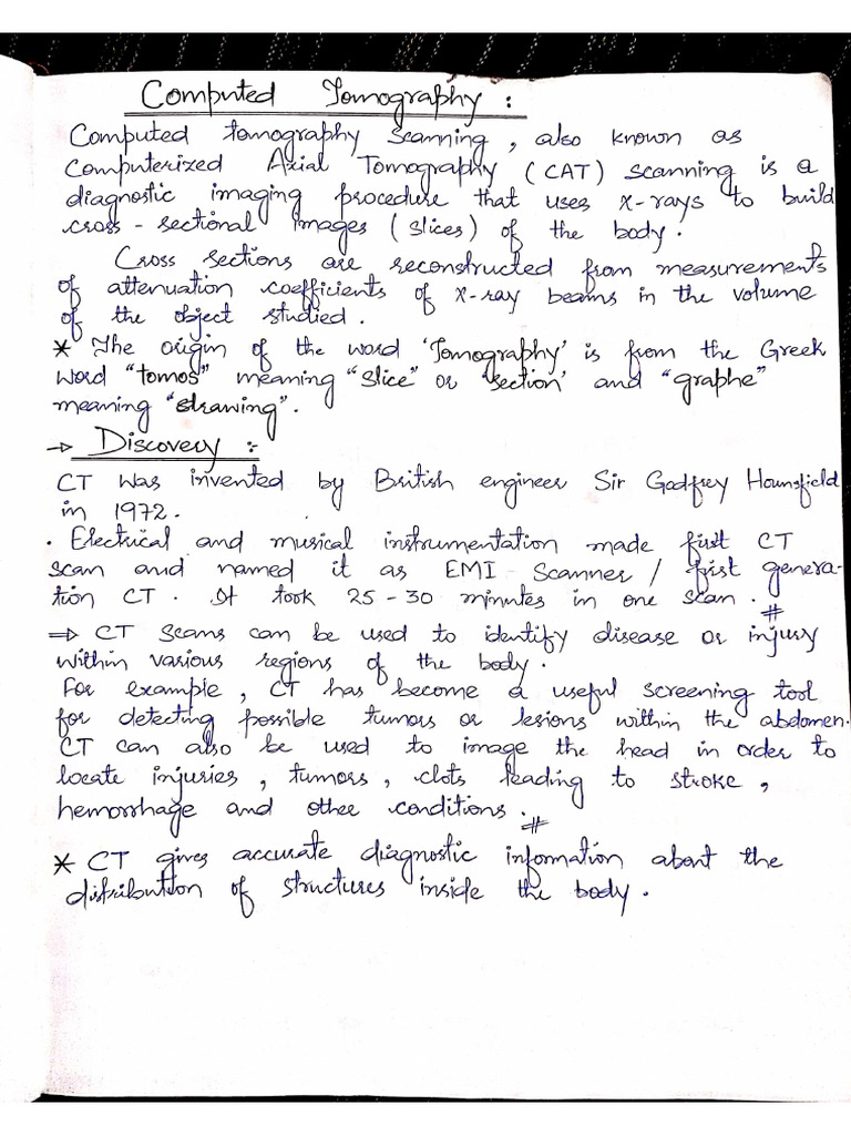 Computed tomography handwritten note CT SCAN AND IT'S PROTOCOL | PDF