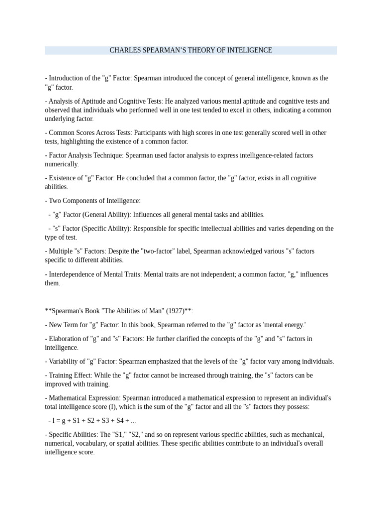 Spearman's General Intelligence Theory | PDF | Intelligence | Cognition