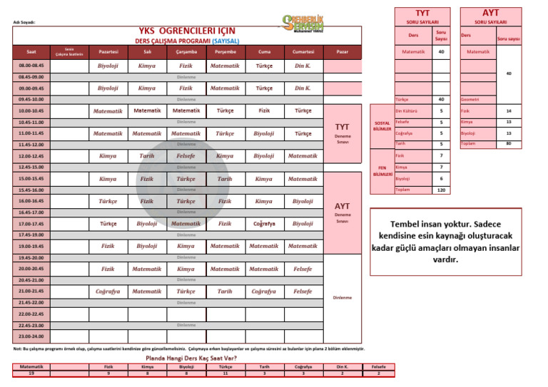 YKS Sayisal Bolumu Ders Calisma Programi | PDF