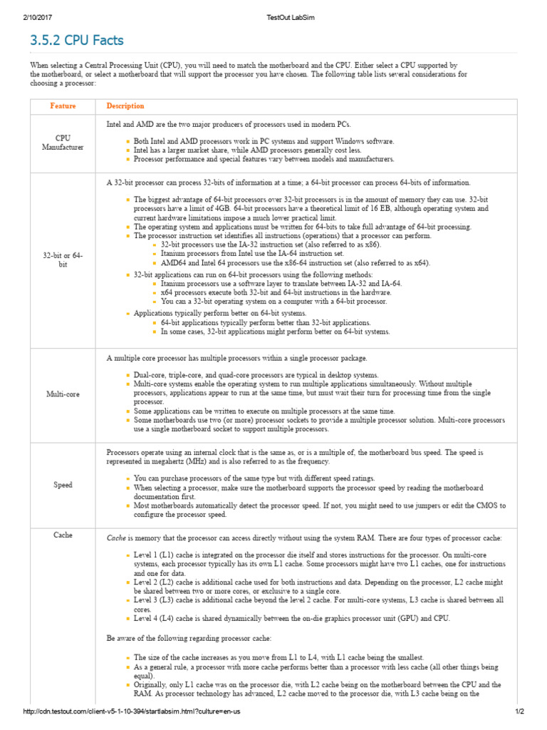 3.5.2 TestOut LabSim CPU FACTS | PDF | Central Processing Unit | Cpu Cache