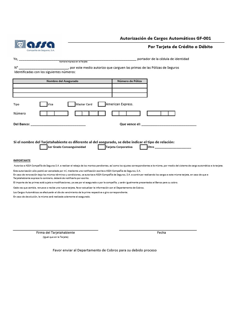 Autorización Cargo Automatico Recurrente | PDF | Tarjeta de débito | Seguro