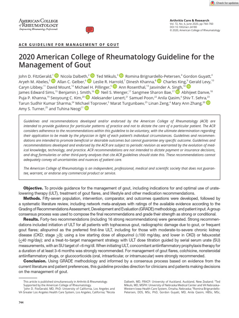 2020 American College of Rheumatology Guideline For The Management of Gout | PDF | Gout ...