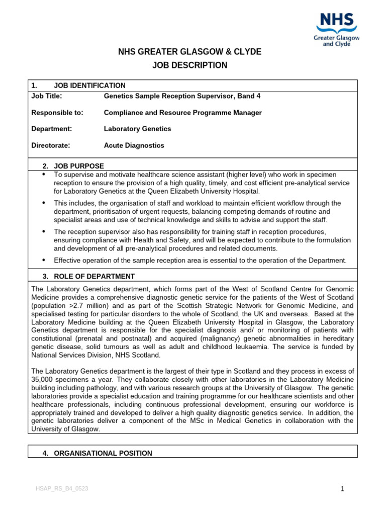 Genetics Sample Reception Supervisor Role | PDF | Medical Laboratory ...