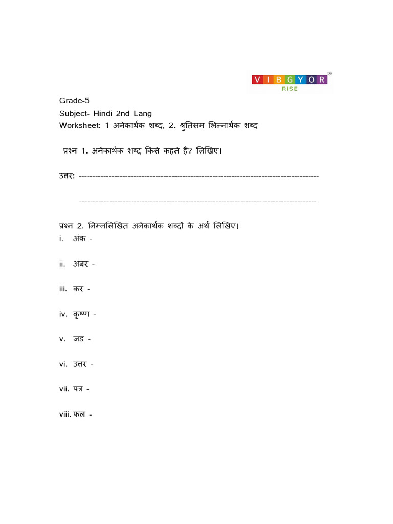 Grade-5 Hindi 2 Lang Worksheet - Anekarthak Shabd | PDF