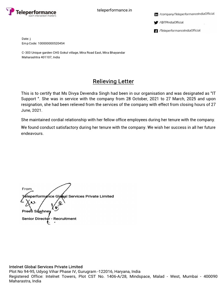 Relieving Letter for Divya Singh | PDF