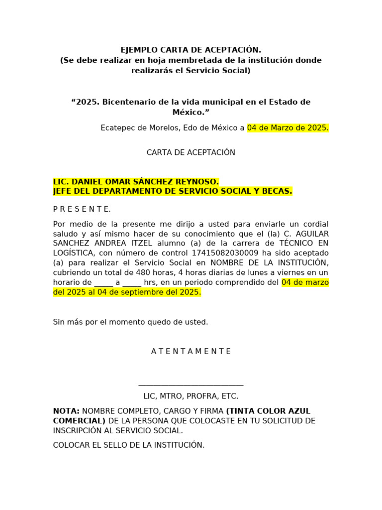Ejemplo de Carta de Aceptación. | PDF