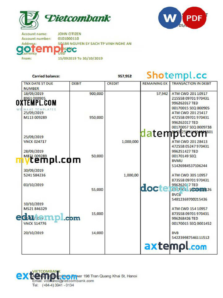 Doctempl - Vietnam Vietcombank Proof of Address Statement Template in Word and PDF Format, .Doc ...