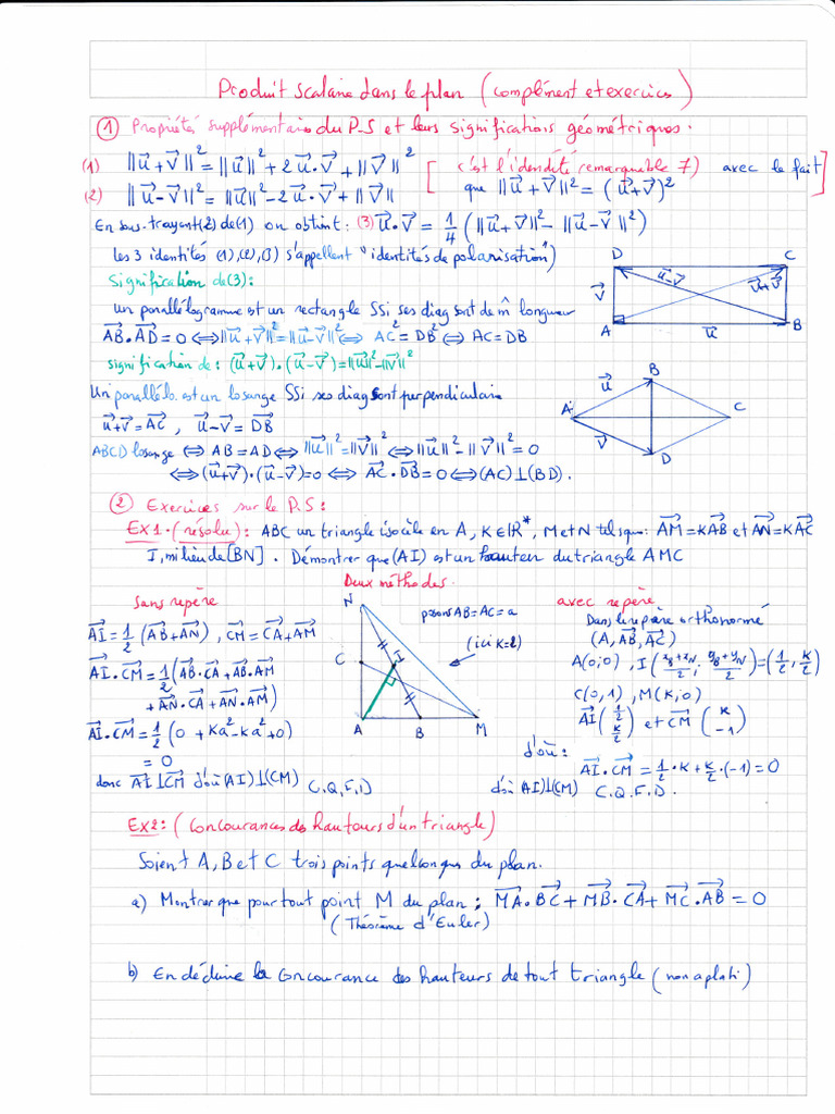 Produit Scalaire Dans Le Plan (Complém-Exercices) | PDF