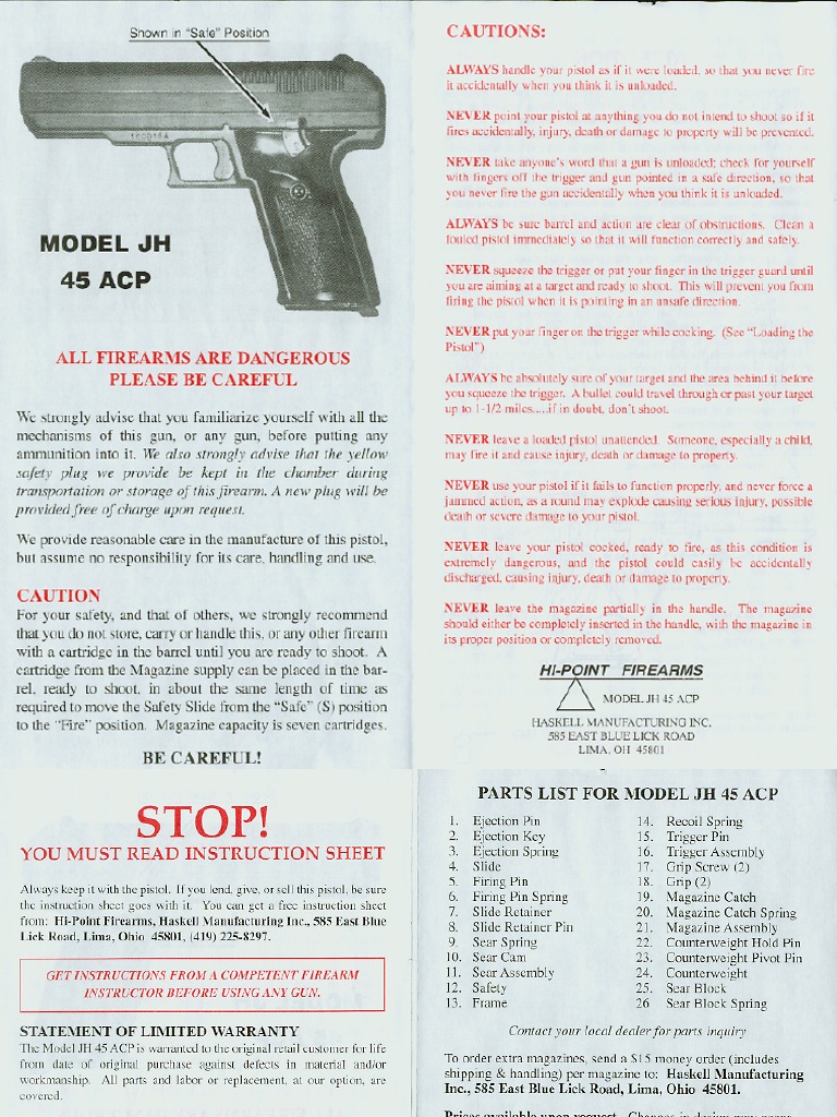 Hi-Point JH 45acp (Old Style) | PDF | Firearm Components | Weapon Design