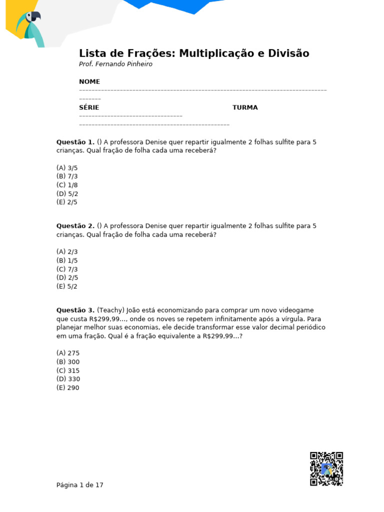 Lista de Fraes Multiplicao e Diviso | PDF | Equações | Decimal