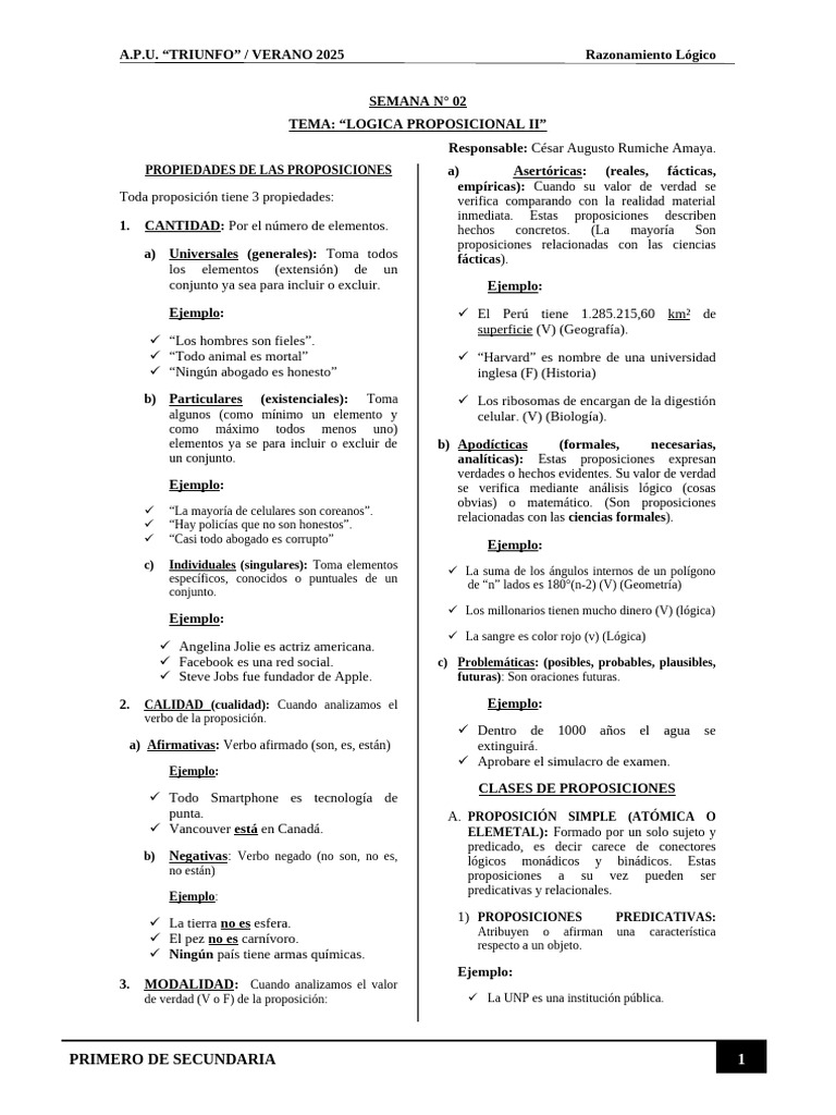 Semana #02 - LOGICA PROPOSICIONAL II - RL 2025 | PDF | Proposición | Lógica