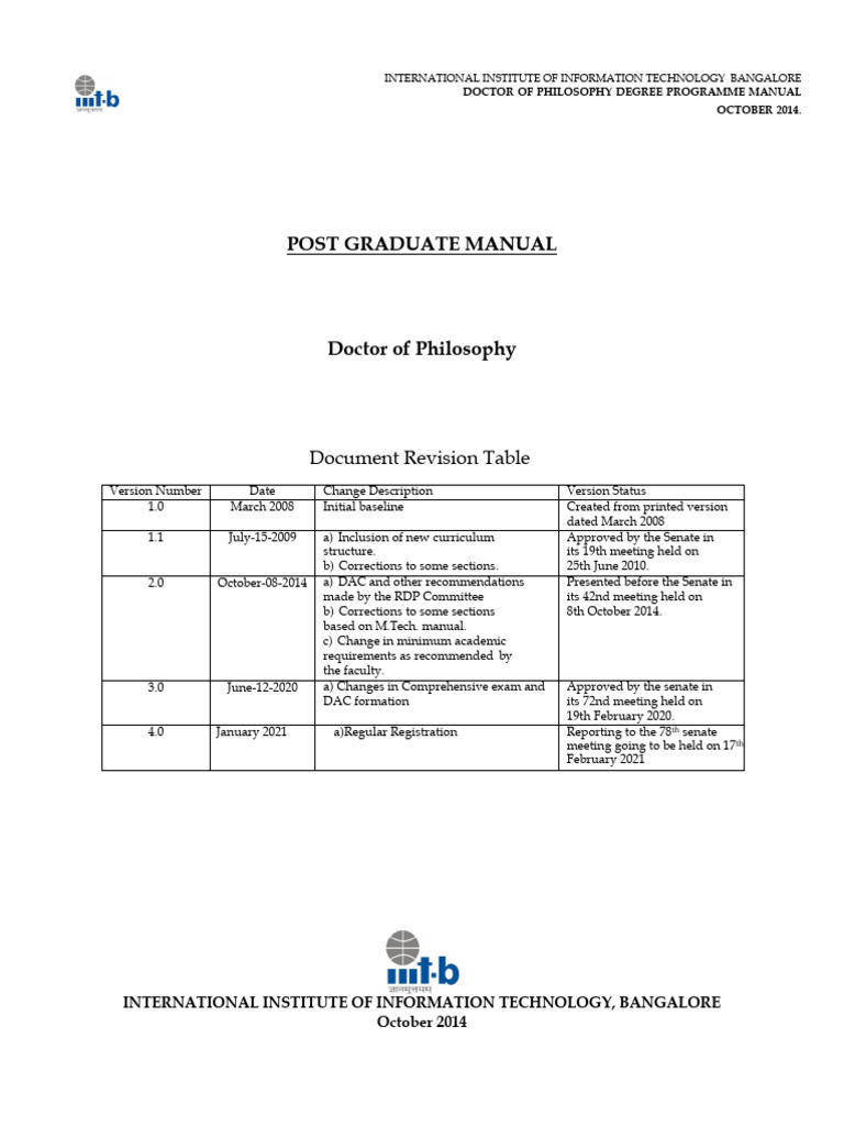 IIITB PHD Manual January-2021-V1 | PDF | Thesis | Master's Degree