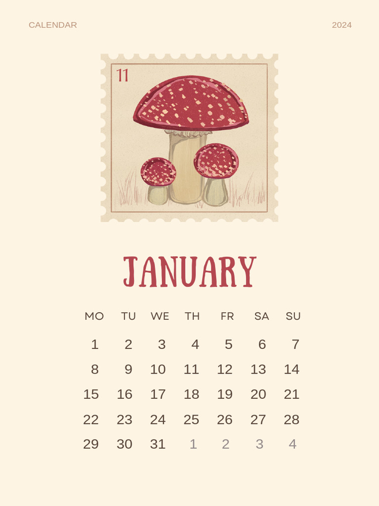 Beige and Brown Vintage Stamp Monthly Calendar 2024 | PDF