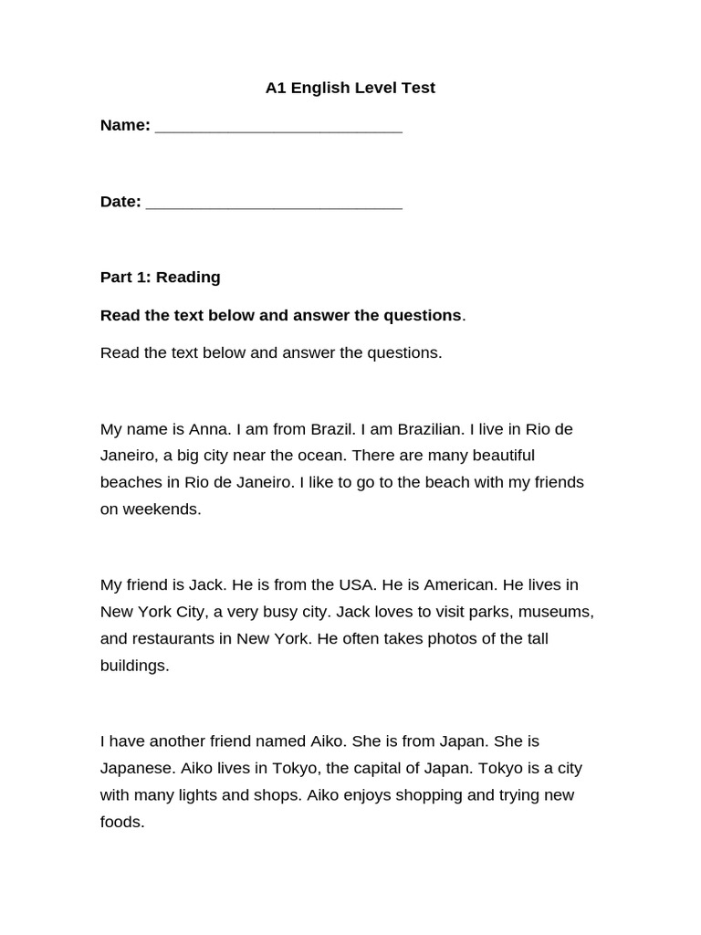 A1 English Level Test | PDF