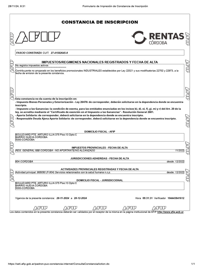 AFIP - Administración Federal de Ingresos Públicos Constancia | PDF ...