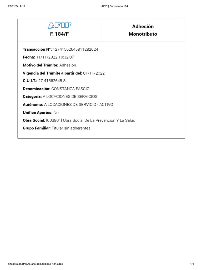 Formulario 184 de AFIP para Monotributo | PDF