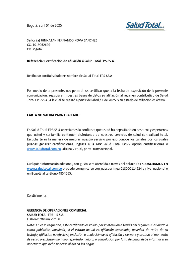 Referencia: Certificación de Afiliación A Salud Total EPS-SS.A | PDF