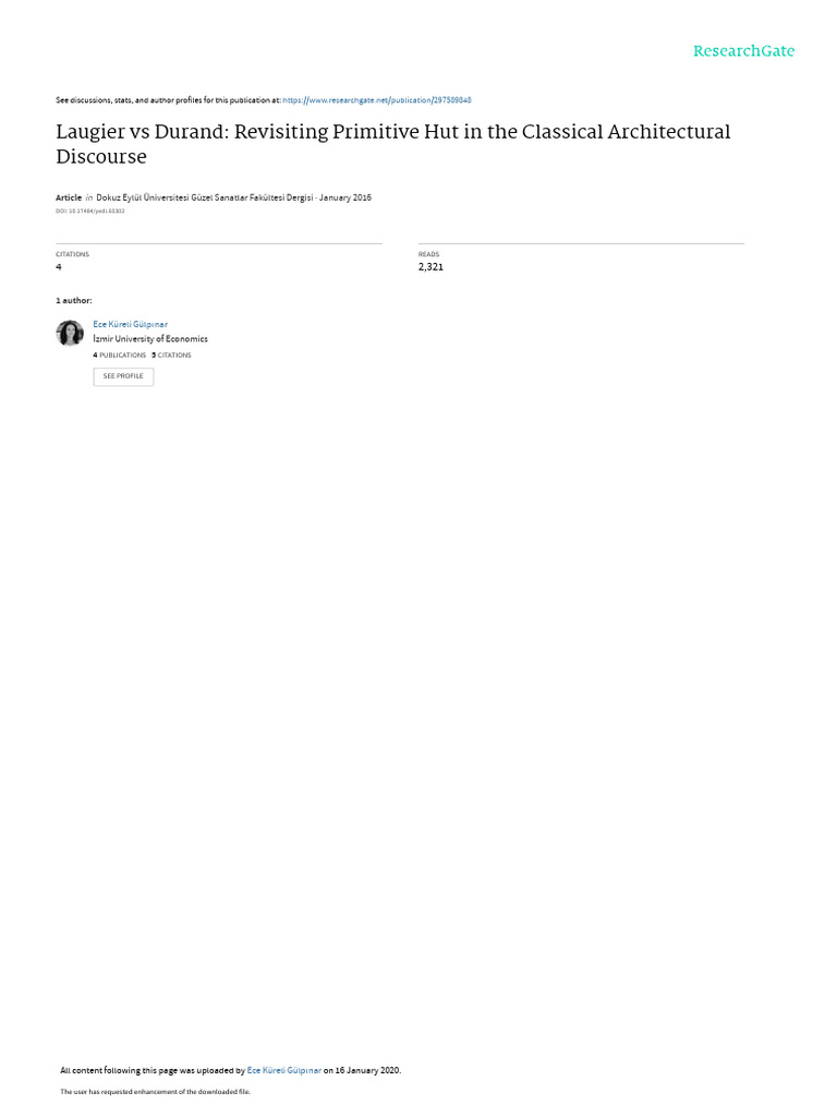 Laugier Vs Durand: Revisiting Primitive Hut in The Classical Architectural Discourse | PDF | Beauty