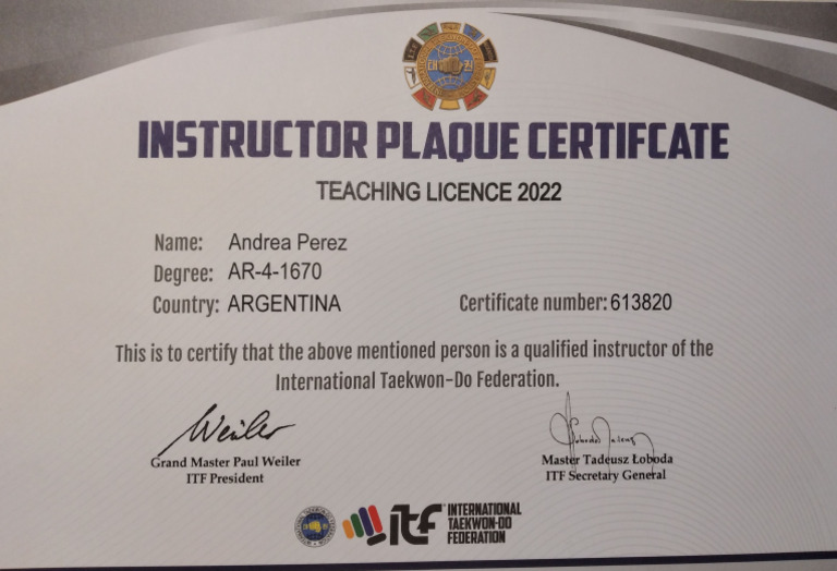 Instructor Plaque Certificate Teaching Licence TKD 2022 | PDF