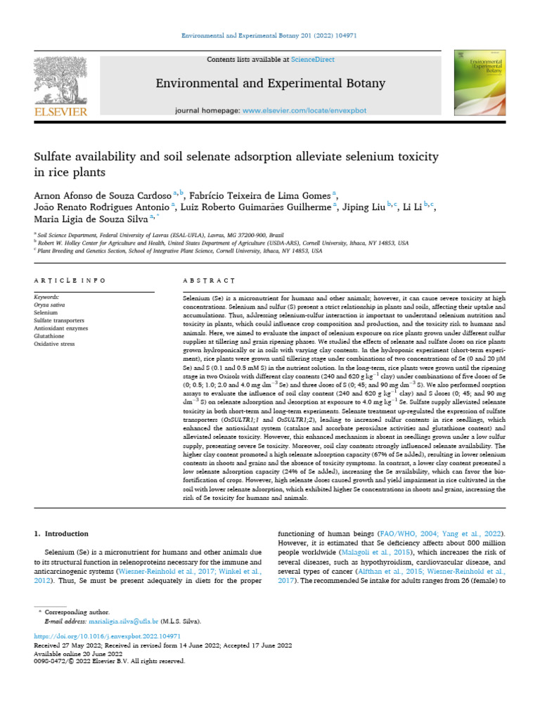 Sulfate Availability and Soil Selenate Adsorption Alleviate Selenium ...