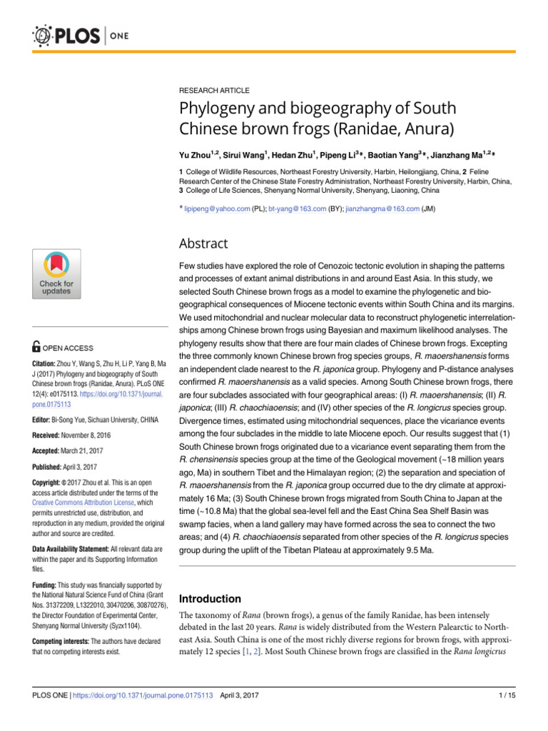 Phylogeny and Biogeography of South Chinese Brown Frogs (Ranidae, Anura ...