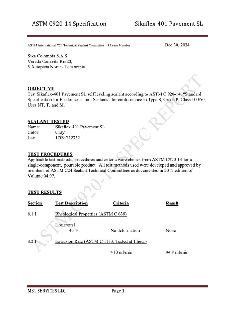 Certificado ASTM C920 - Sikaflex-401 Pavement SL | PDF