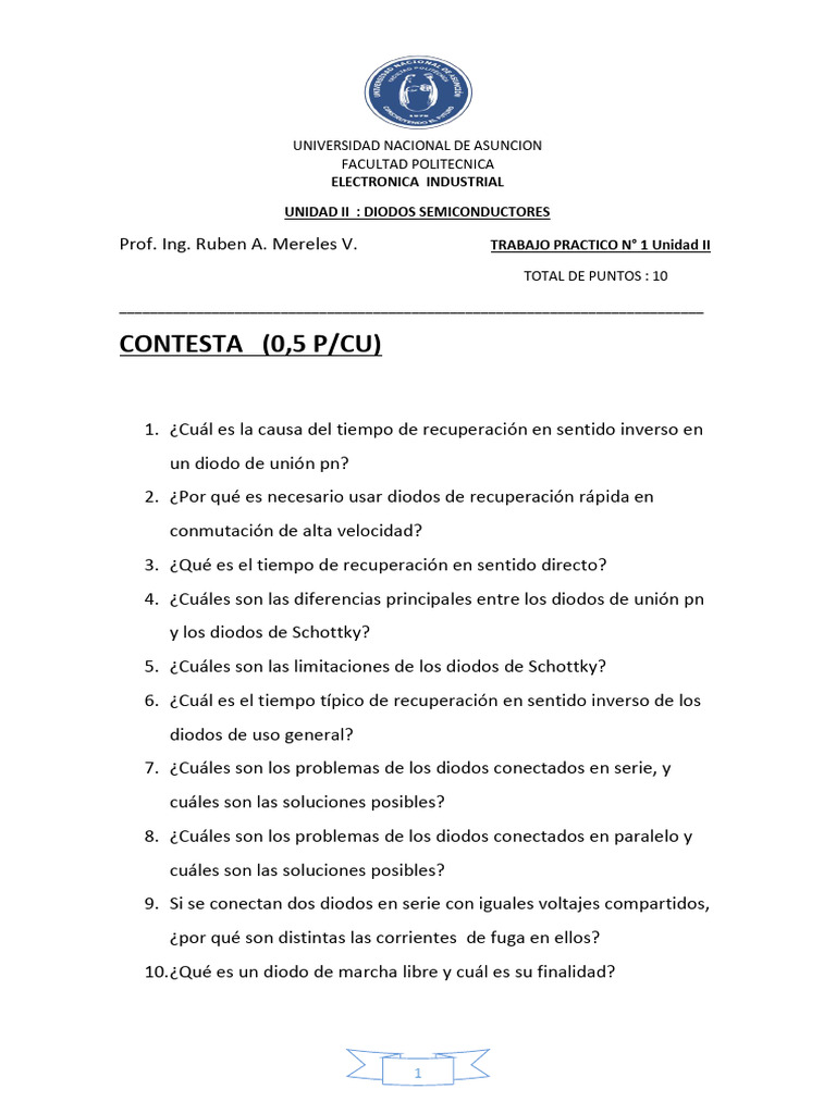TP 1 UNIDAD II Electronica Industrial | PDF | Diodo | Unión PN