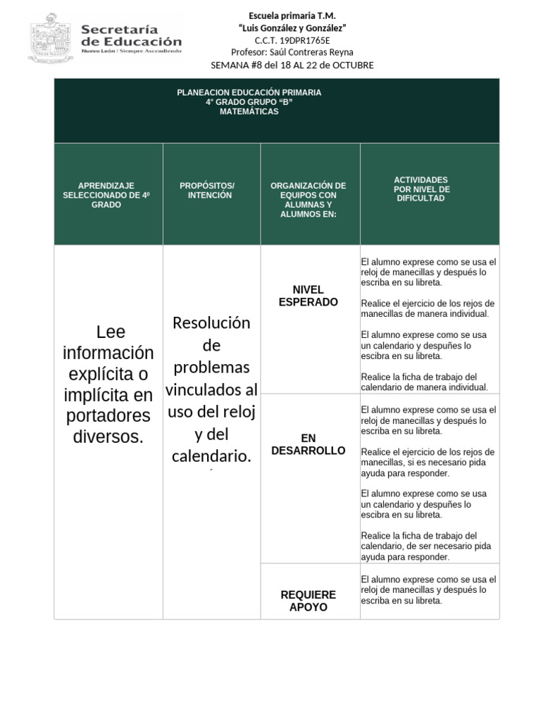 CUARTO GRADO B Semana 8 | PDF | Educación primaria | Maestros