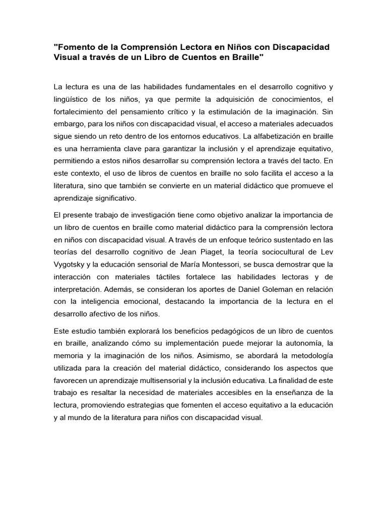 Fomento de La Comprensión Lectora en Niños Con Discapacidad Visual A ...