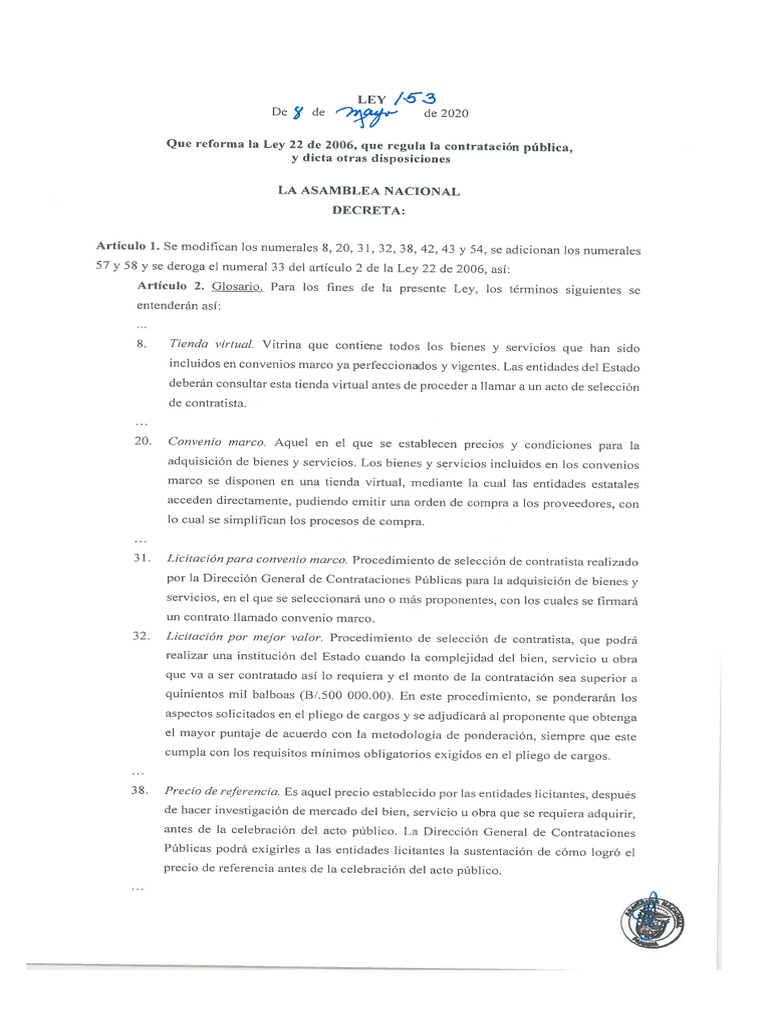 Ley 153 Del 8 de Mayo de 2020, Que Reforma La Ley 22 Del 27 de 2006 | PDF