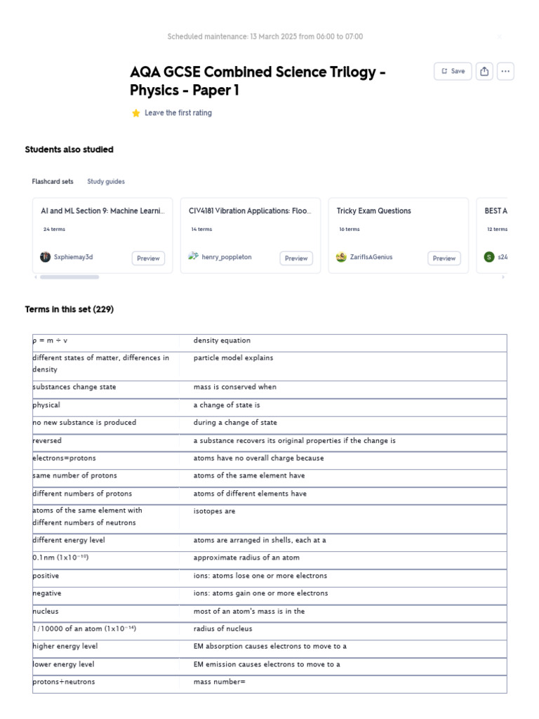 AQA GCSE Combined Science Trilogy - Physics - Paper 1 Flashcards | PDF | Heat | Atoms
