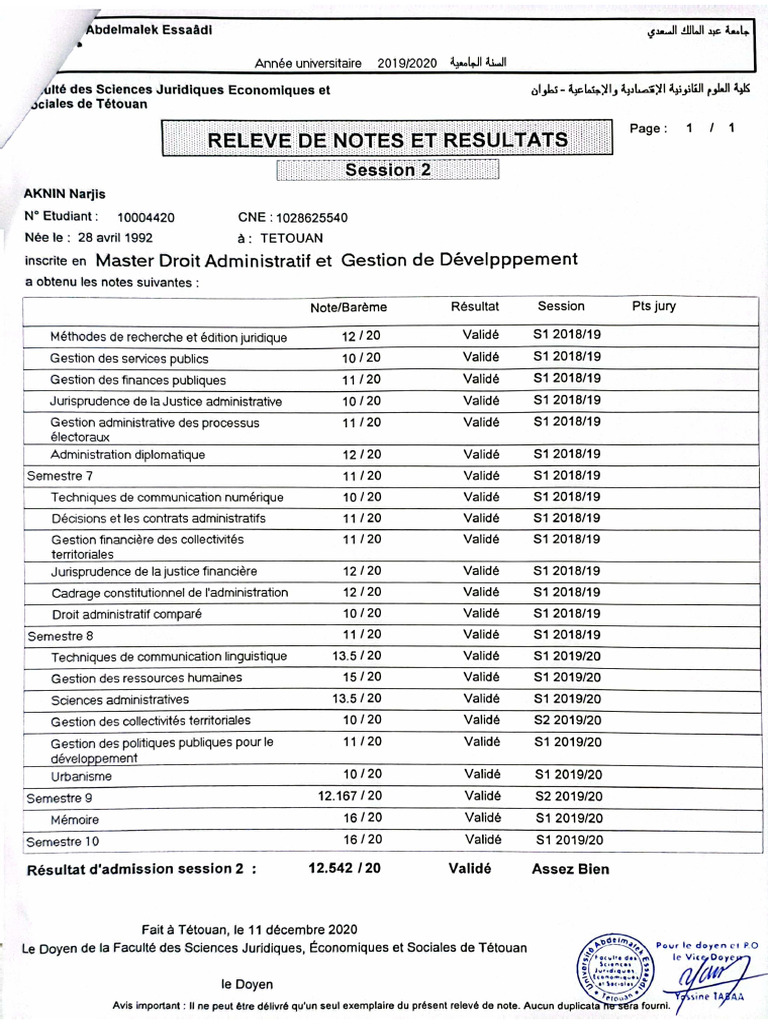 Relevé de Note Master | PDF