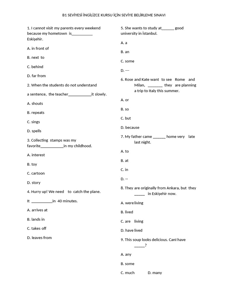 B1 English Level Placement Test | PDF