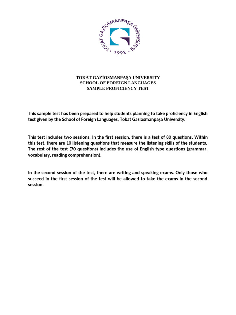 Tokat Gaziosmanpaşa English Proficiency Test | PDF | Text Messaging ...