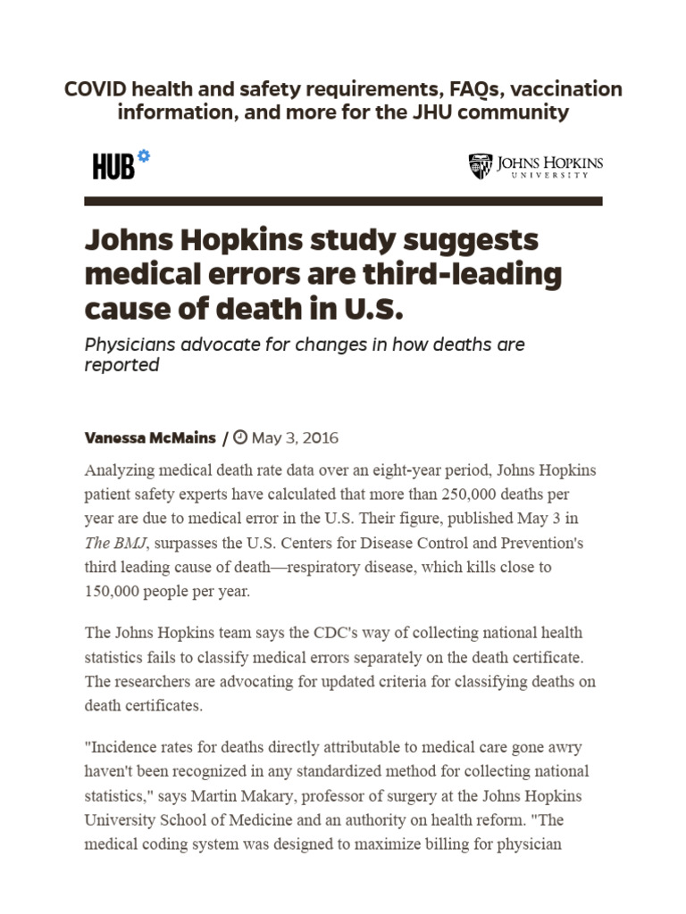 Johns Hopkins Study Suggests Medical Errors Are Third-Leading Cause of Death in U.S. Hub | PDF ...