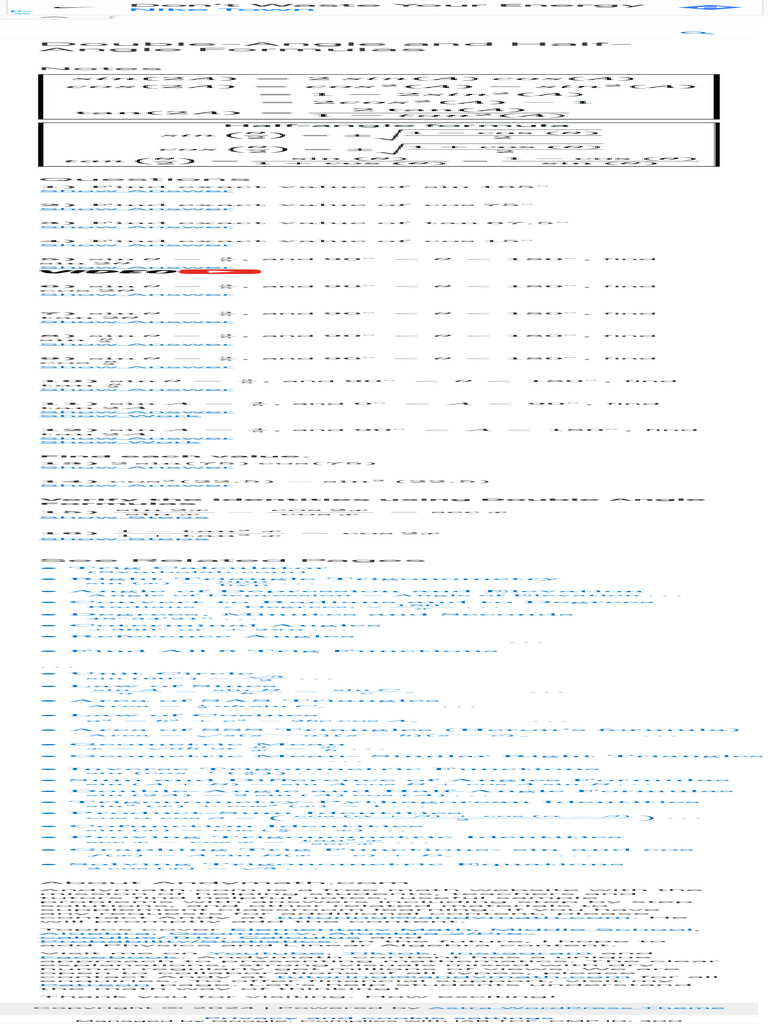 Double-Angle and Half-Angle Formulas | PDF | Trigonometry | Elementary ...